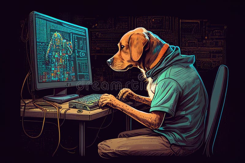 A Dog with Clothes on Works at the Computer. Generative AI Stock ...