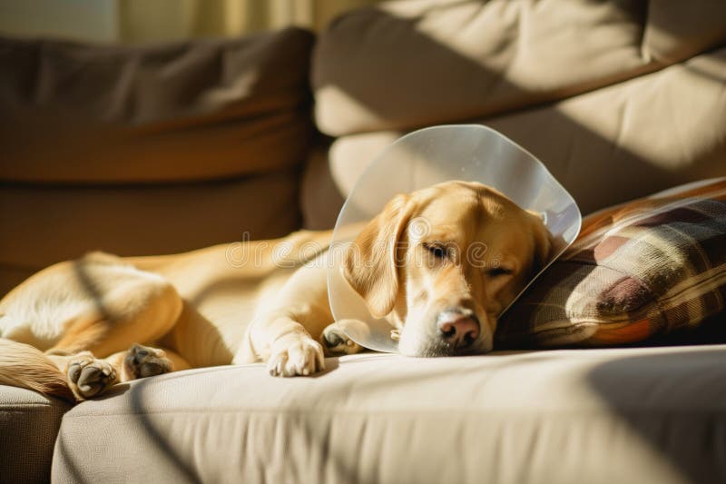 Dog with a Cone Collar Resting on a Couch Stock Image - Image of ...
