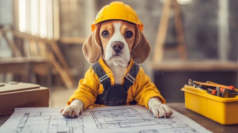 Dog in Construction Outfit with Blueprints Stock Image - Image of ...