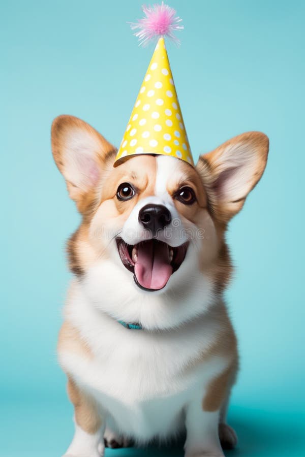 Dog Corgi with Birthday Party Hat on Isolated Blue Background Stock ...