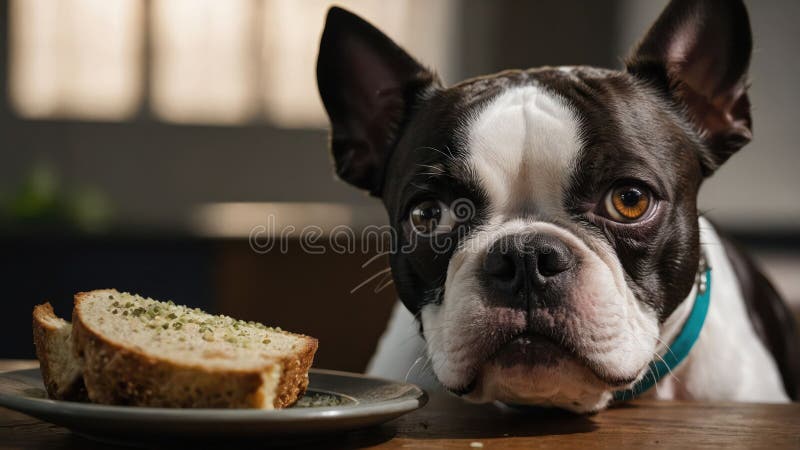 A Dog Curiously Gazes at a Plate of Sliced Bread on a Table Stock ...