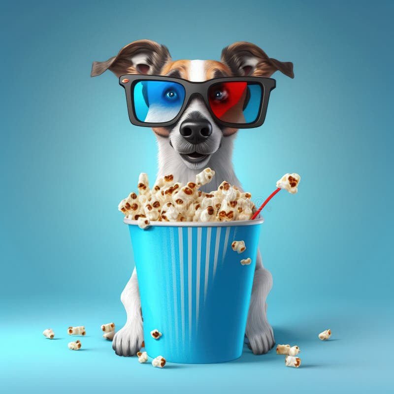 Dog in 3d Glasses with a Bucket of Popcorn. Generative AI Stock ...
