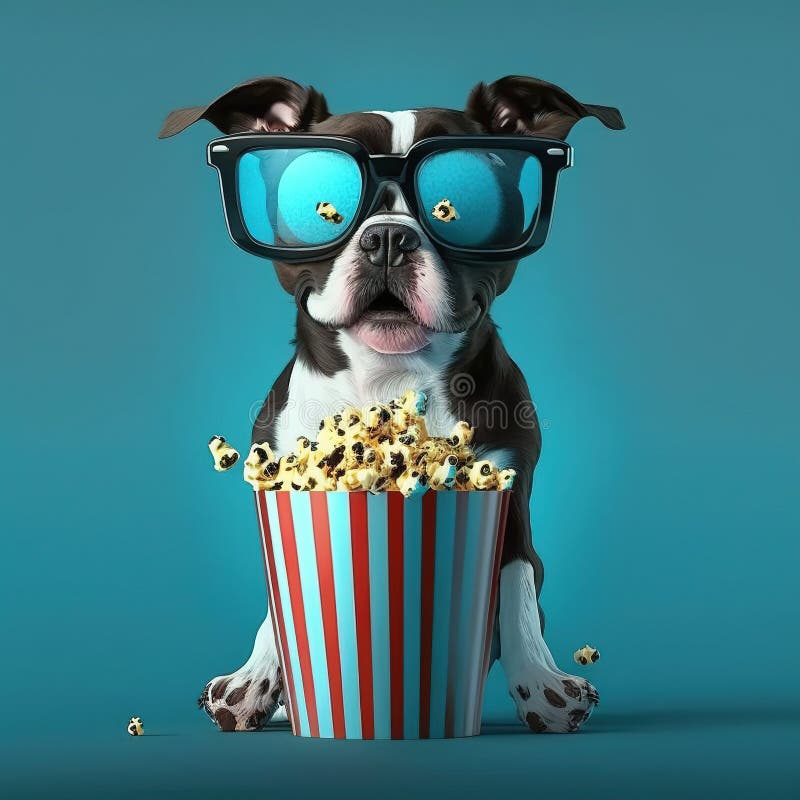 Dog in 3d Glasses with a Bucket of Popcorn. Generative AI Stock ...