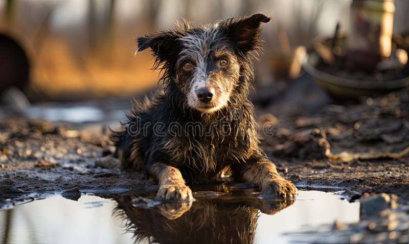 Wet Dog Sitting in Puddle stock photo. Image of sitting - 315753586