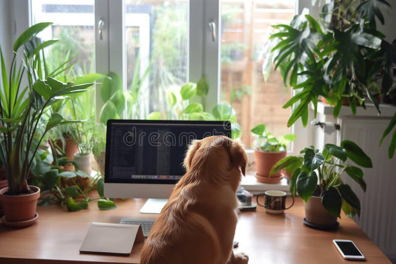 A Dog at a Desk with a Computer, Looking Out a Window with a Houseplant ...