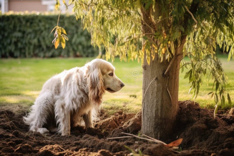 Dog Digging a Hole Next To a Freshly Planted Tree in Garden Stock ...