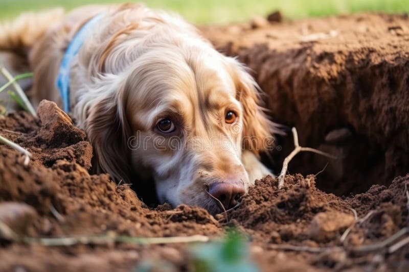 Dog Digging a Hole in the Yard, Chew Bone in the Scene Stock Image ...