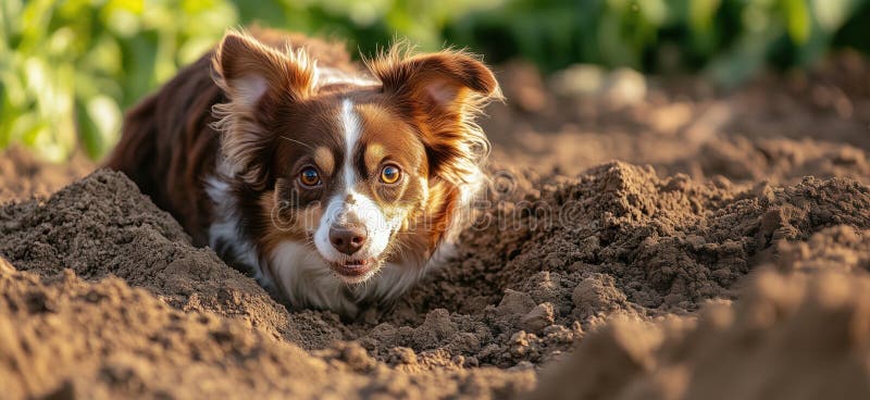 Dog Digging in Soil, Brown and White Fur, Playful Expression ...