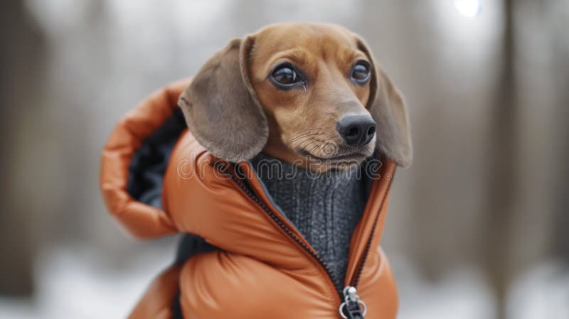 Dog in a down jacket stock photo. Image of trekking - 308305012