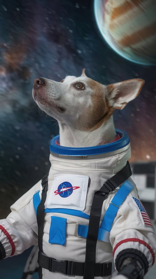 Dog Dressed As an Astronaut Floating in Space with NASA Logo on the ...