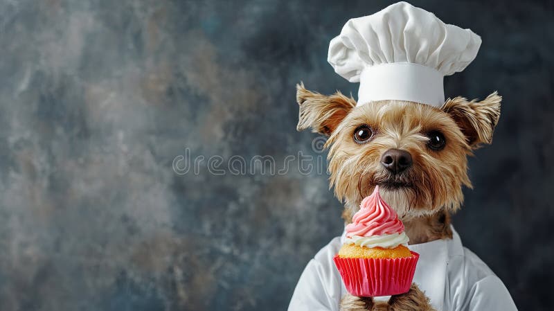 Dog Dressed As a Baker with a Tiny Chef Hat and Toy Cupcake, Dessert ...