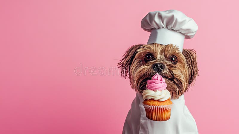 Dog Dressed As a Baker with a Tiny Chef Hat and Toy Cupcake, Dessert ...