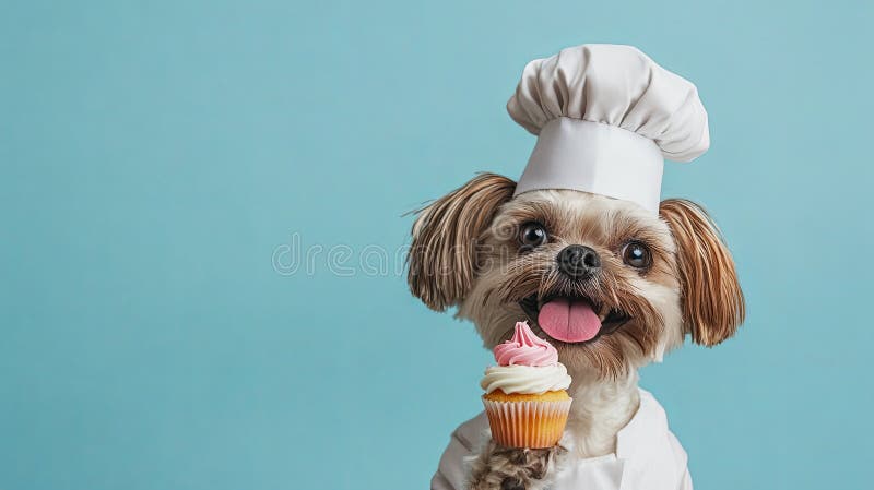 Dog Dressed As a Baker with a Tiny Chef Hat and Toy Cupcake, Dessert ...