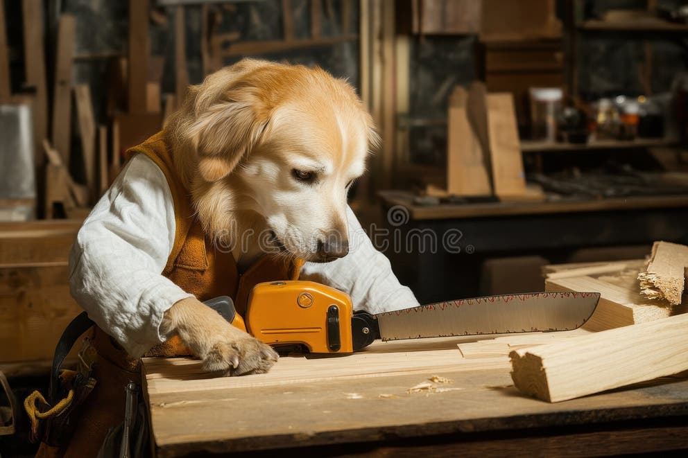 Dog Dressed As a Carpenter Skillfully Using a Saw and Hammer in a ...