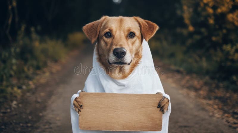 A Dog Dressed in a White Sheet Holding Up a Sign, AI Stock Image ...