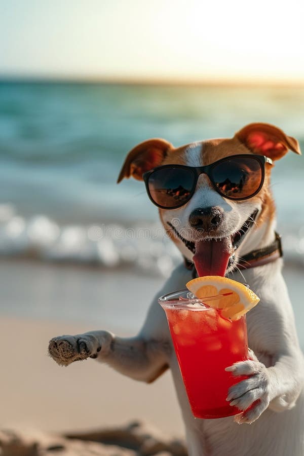 A Dog Drinks a Cocktail on the Beach Wearing Sunglasses. Selective ...