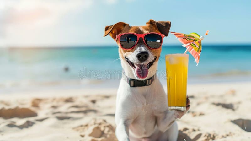 A Dog Drinks a Cocktail on the Beach Wearing Sunglasses. Selective ...