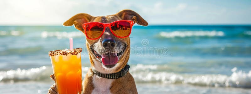 A Dog Drinks a Cocktail on the Beach Wearing Sunglasses. Selective ...