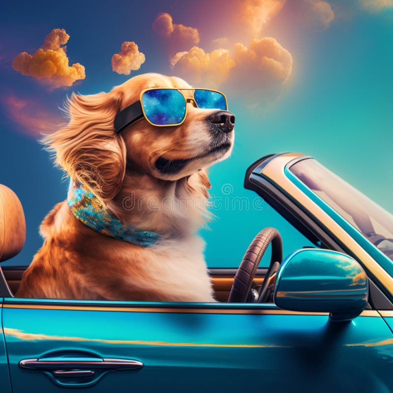 A Dog Driving a Car in Glasses, Generative AI Stock Illustration ...