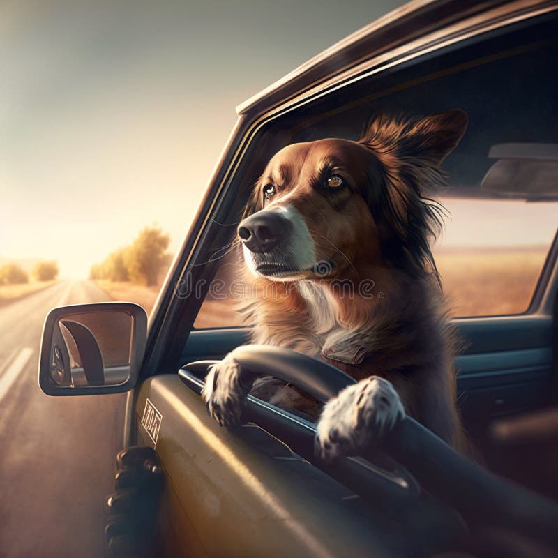 A Dog Driving a Car in Glasses, Generative AI Stock Illustration ...