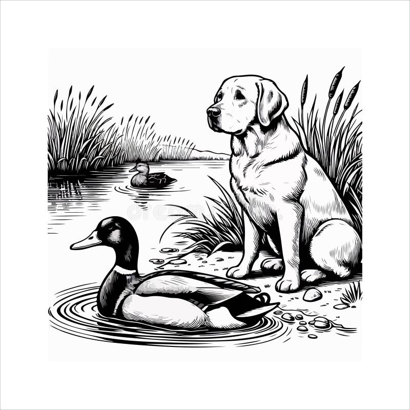 Dog and Duck in Various Motion Poses – Black and White Line Art Vector ...