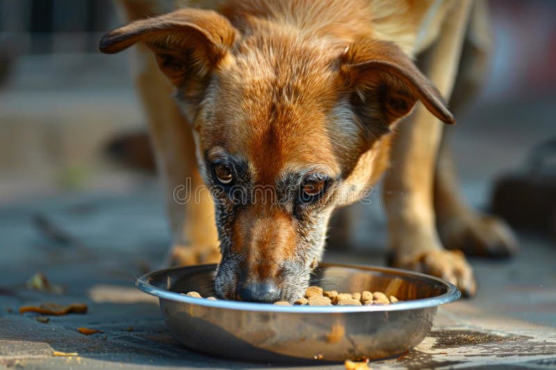 Dog Eating Food from a Bowl Stock Image - Image of street, brown: 325744293