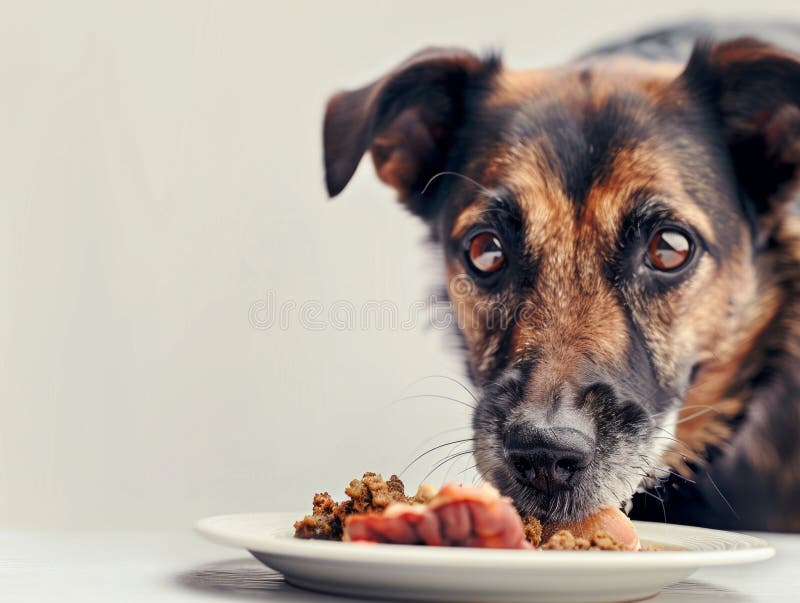 A Dog Eating Food from a Plate Stock Photo - Image of eating, brown ...