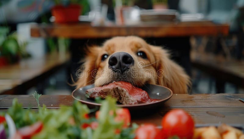 A Dog is Eating a Piece of Meat on a Plate Stock Illustration ...