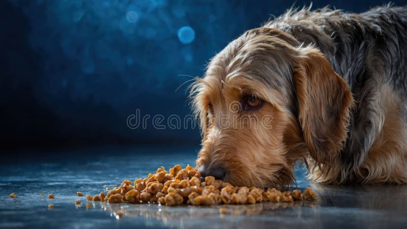 A Dog is Eating Scattered Food on a Shiny Surface with a Blurred Blue ...