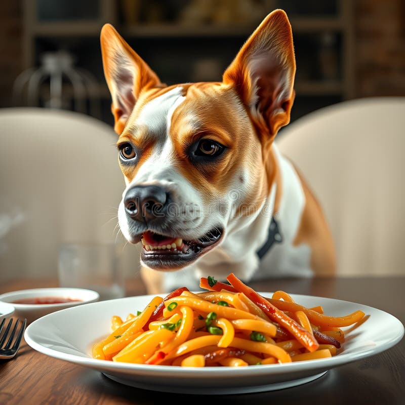A Dog is Eating Spaghetti on a White Plate Stock Illustration ...