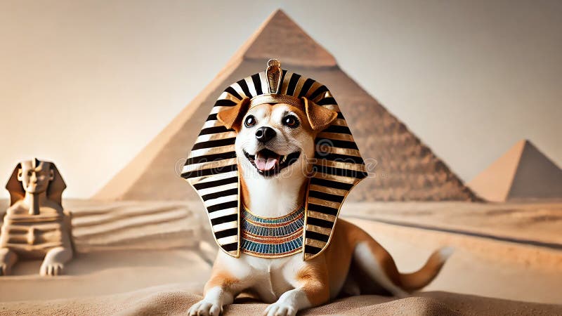 A Dog in an Egyptian Headdress, Smiling in Front of a Blurred Pyramid ...