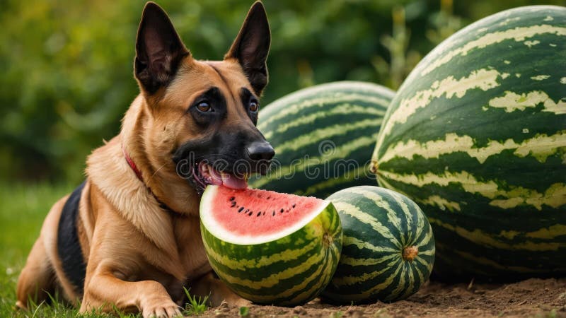 A Dog Enjoying a Slice of Watermelon beside Large Watermelons in a ...