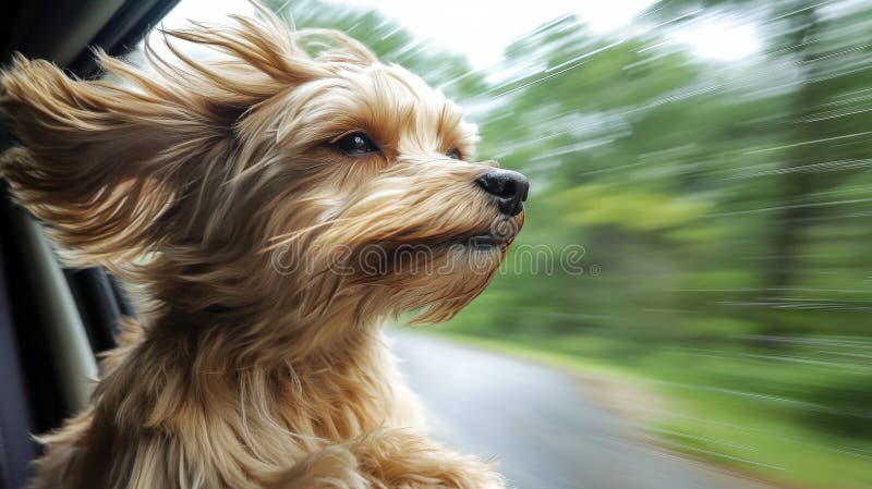 Small Dog Enjoying Wind Out of Car Window on a Scenic Drive Stock ...