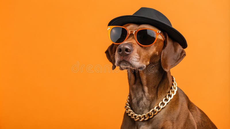 Dog in Fedora, Orange Background Hipster Canine Portrait Stock ...
