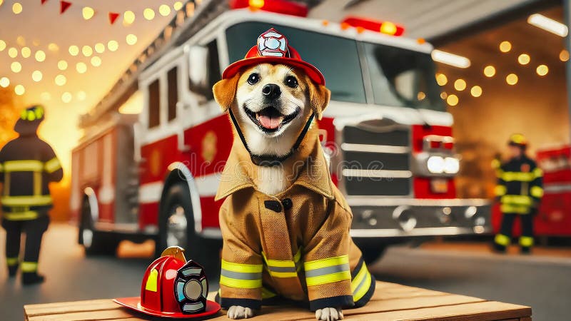 A Dog in a Firefighter Outfit, Smiling beside a Blurred Fire Truck ...