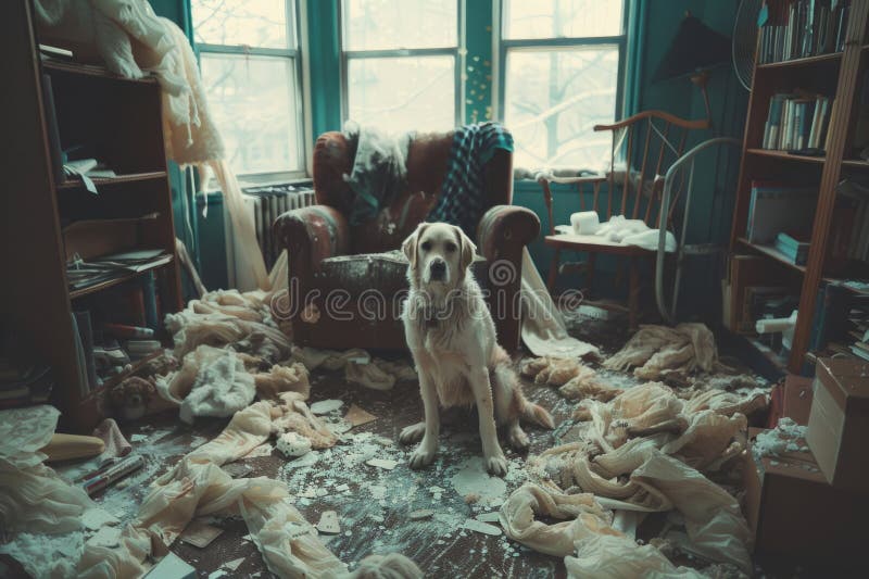 Dog on Floor Covered in Rubble after Disaster Stock Image - Image of ...