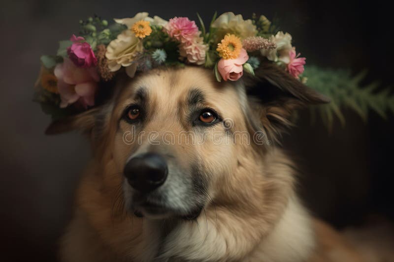 A Dog with a Flower Crown on Its Head Looking at the Camera Stock ...