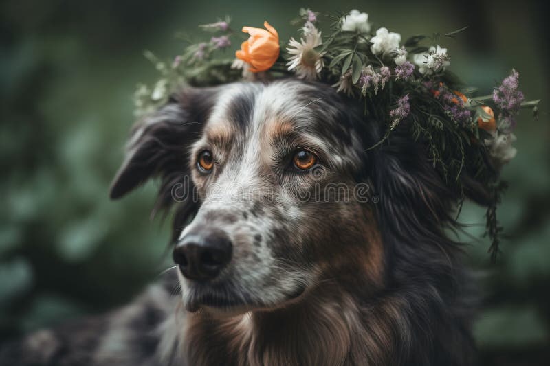 A Dog with a Flower Crown on Its Head Looking at the Camera Stock ...