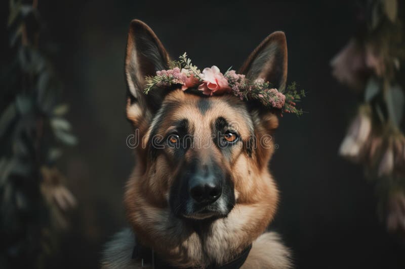 A Dog with a Flower Crown on Its Head Looking at the Camera Stock ...
