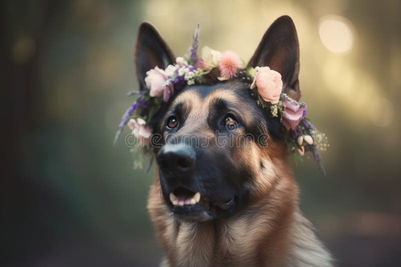 A Dog with a Flower Crown on Its Head Looking at the Camera Stock ...