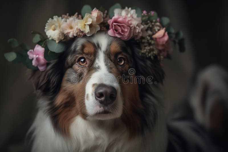 A Dog with a Flower Crown on Its Head Looking at the Camera Stock ...