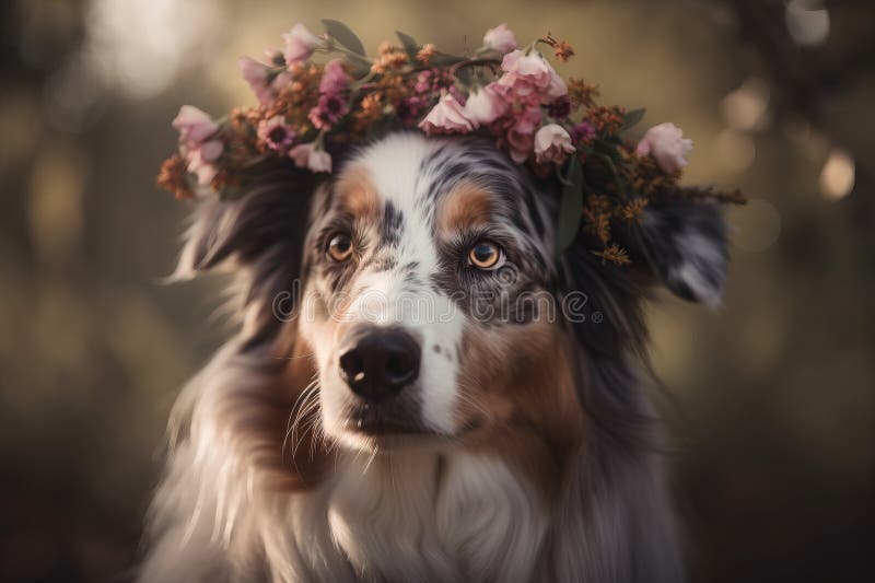 A Dog with a Flower Crown on Its Head Looking at the Camera Stock ...