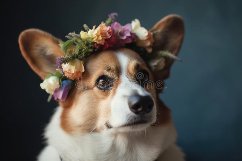 A Dog with a Flower Crown on Its Head Looking at the Camera Stock ...