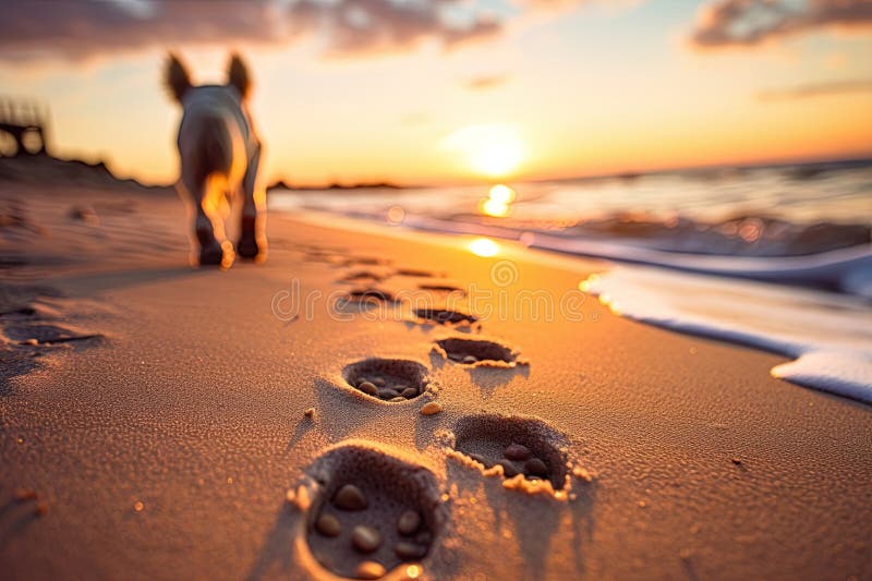 Dog Footprints at the Sandy Beach with Sun Setting Over the Horizon. Ai ...
