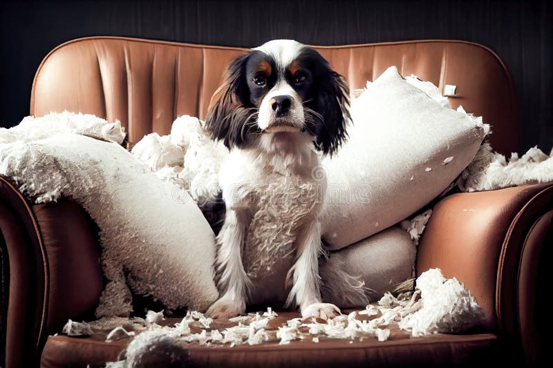 Dog on a Gnawed Sofa. Generative AI Stock Illustration - Illustration ...