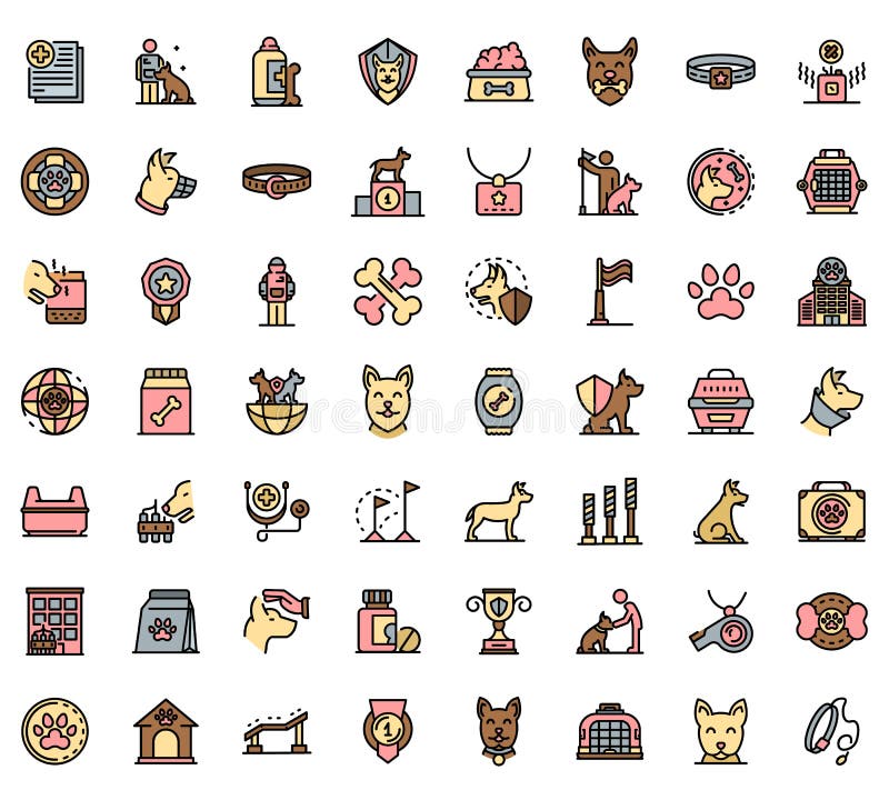 Dog Handler Icons Set Line Color Vector Stock Vector - Illustration of ...