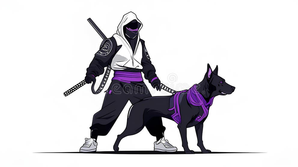 A Man in a Ninja Suit with a Dog. the Dog Handler Teaches the Dog ...