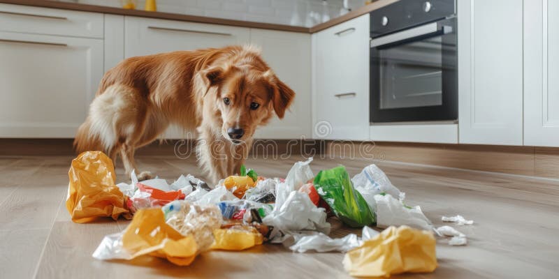 Dog Has Destroyed the Trash, with Garbage Strewn Across the Kitchen ...