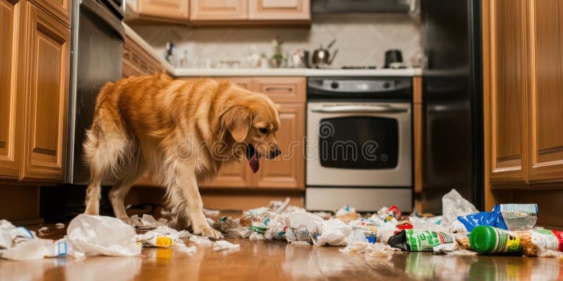 Dog Has Destroyed the Trash, with Garbage Strewn Across the Kitchen ...