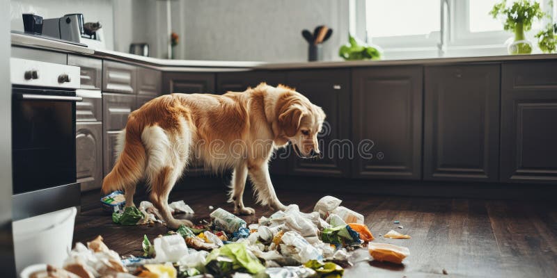 Dog Has Destroyed the Trash, with Garbage Strewn Across the Kitchen ...